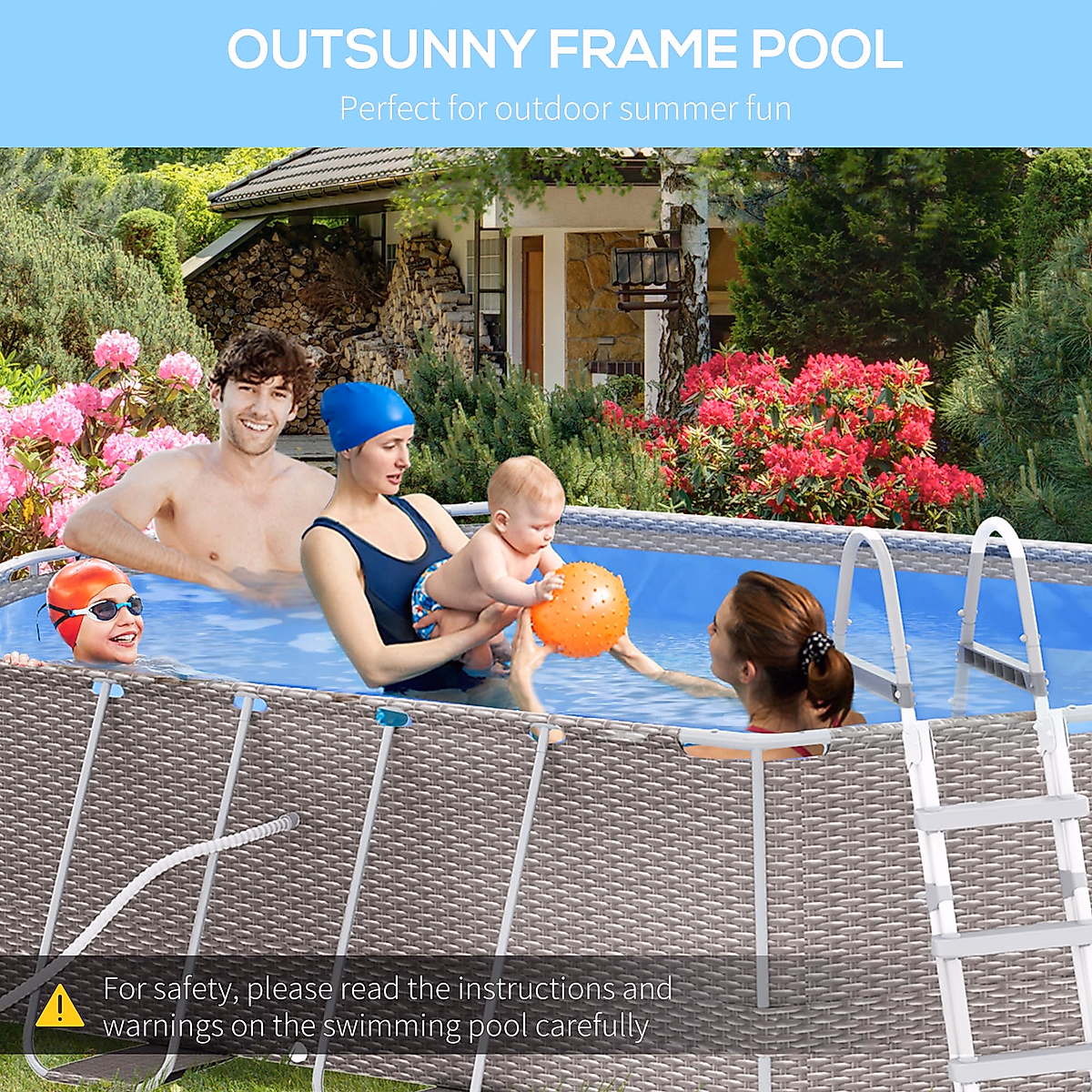 Outsunny 14' x 10' x 3' Above Ground Swimming Pool, Non-Inflatable Rectangular Steel Frame Pool with Filter Pump, Safety Ladder for 1-6 People, Gray
