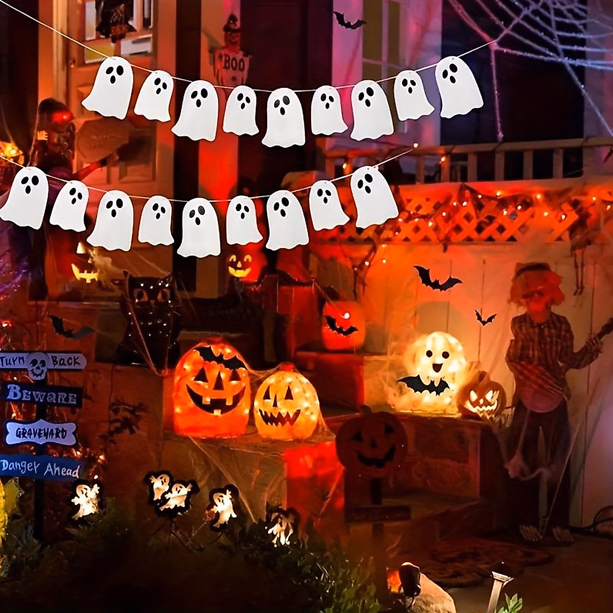 Wantee Halloween Decor Outdoor Cute White Hanging Ghosts Halloween Banner Cardstock Ghost Garland for Mantel Party White 2 Pack