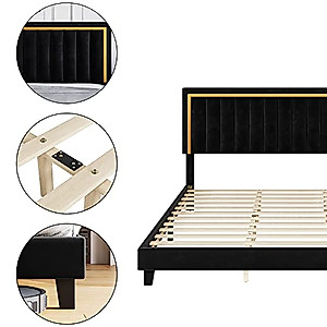 Senfot Queen Size Platform Bed Frame, Velvet Upholstered Bed with Headboard and Noise Free Design, Strong Wood Slats Support No Box Spring Needed for Bedroom in Black