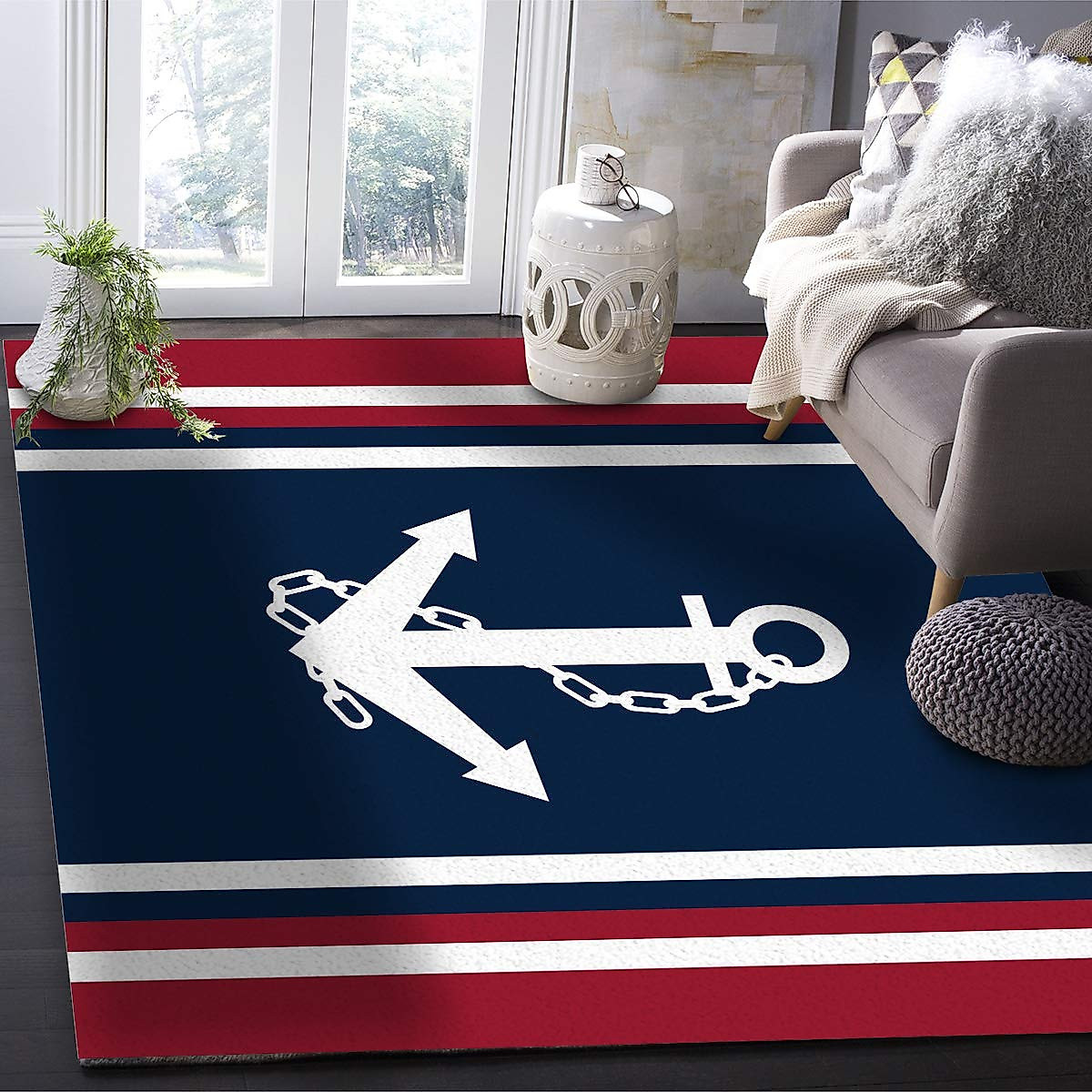 Savannan Rectangle Indoor Area Rugs, Nautical Anchor Red White Stripes Navy Blue Non-Slip Accent Rug for Living Room Bedroom Office Kids Room Nursery, 2'x3'