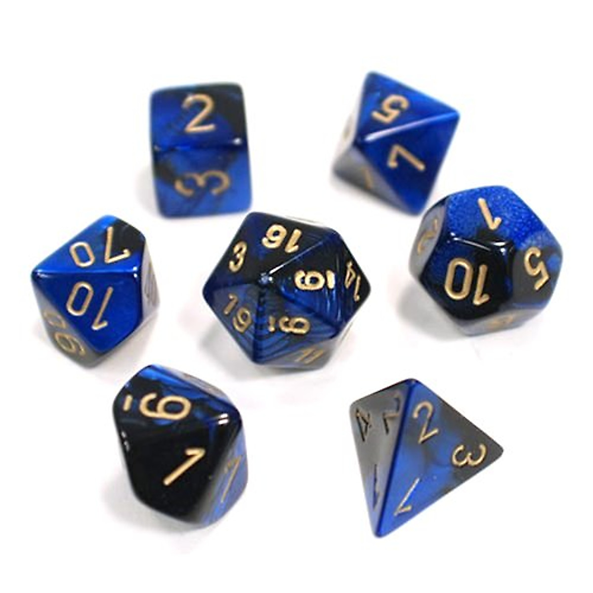 Chessex Dice FBA_26435 Polyhedral 7-Die Gemini Set - Black-Blue with Gold Chx-26435, Multicolor