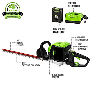 Greenworks Pro 80V 26" Cordless Hedge Trimmer, 2.0Ah Battery and Charger Included