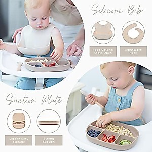 Little Keegs Baby Feeding Set - Baby Must Haves Gift Set - Baby Led Weaning Supplies - Toddler Silicone Feeding Set - Suction Baby Bowl, Bib, Snack Cup, Utensils, Baby Plate Set of 8 (Beige)