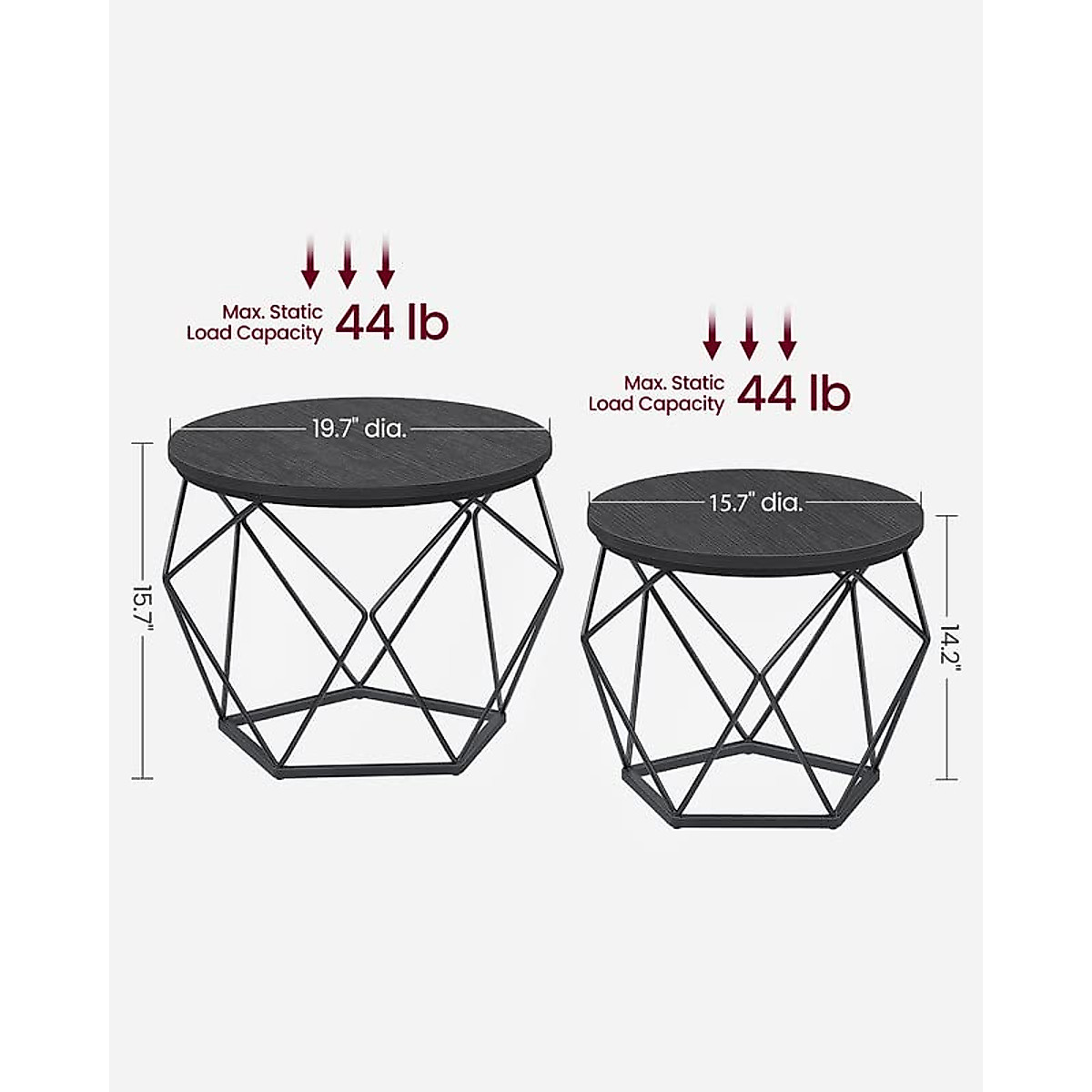 VASAGLE Small Coffee Table Set of 2, Round Coffee Table with Steel Frame, Side End Table for Living Room, Bedroom, Office, Black