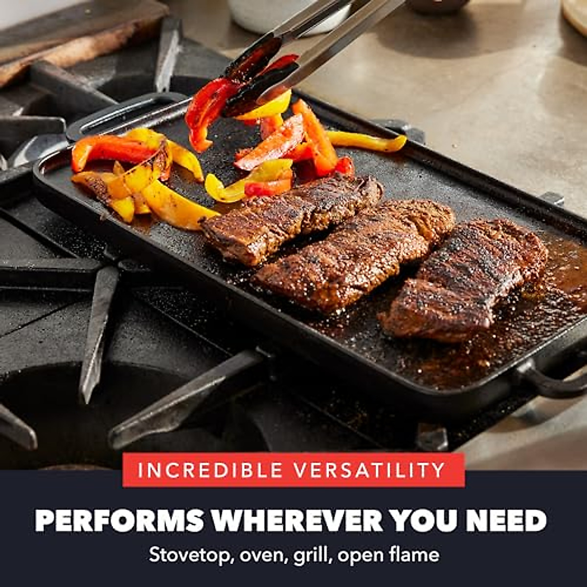 GreenPan x Bobby Flay Cast Iron Pre-Seasoned 11” Reversible Double Burner Rectangle Grill/Griddle, Helper Handles, Induction Suitable, Versatile Stovetop, Oven, BBQ & Fire, Indoor/Outdoor Use, Black