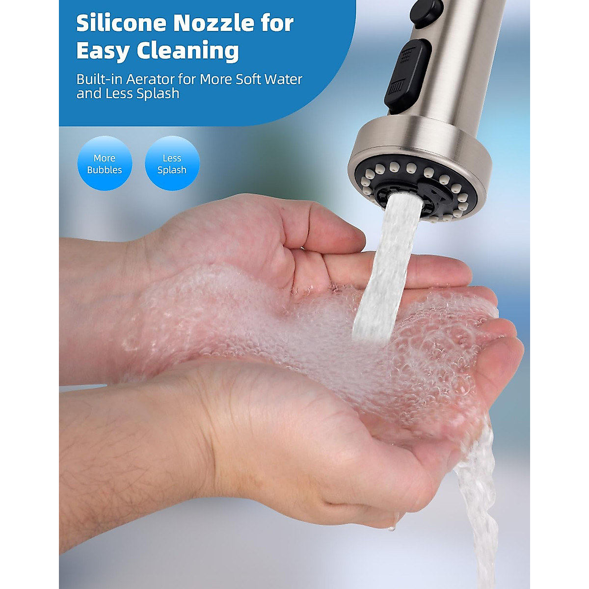 Hibbent Pull Down Kitchen Faucet Head Replacement, 3 Function Sink Faucet Sprayer Head Nozzle with 10 Adapters, Compatible with Moen, American Standard, Delta, Kohler Faucets, Brushed Nickel