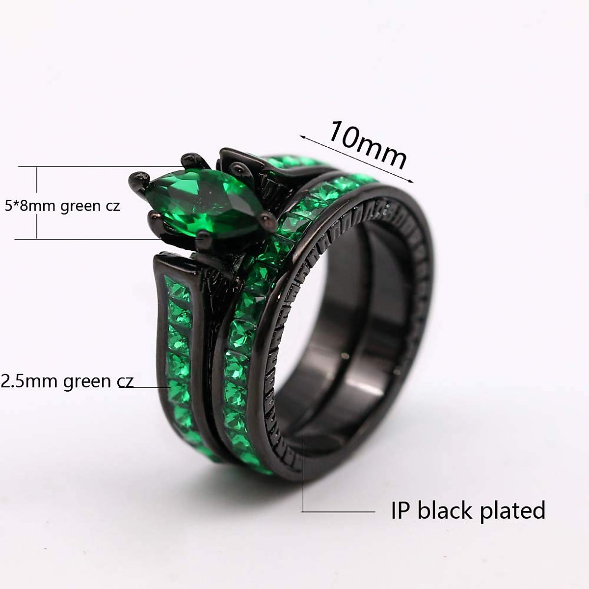 ringheart His and Her Couple Rings Black Matching Ring 1.5ct Green CZ Women Wedding Ring Sets for Him and Her