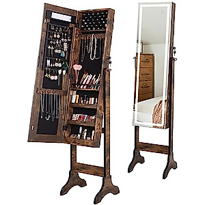 YOKUKINA Mirror Jewelry Cabinet with Lights, Full Length Mirror with Storage Organizer, Lockable Jewelry Armoire Makeup Mirror, Freestanding/Wall Mount/Over the Door, Rustic Brown