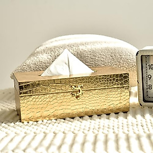 Modern Elegant Wood Tissue Box Cover Rectangular, Gold Glitter Leather Tissue Box Holder for Napkin Facial Paper, Leather Tissue Box Cover for Bathroom Bedroom Vanity Countertop
