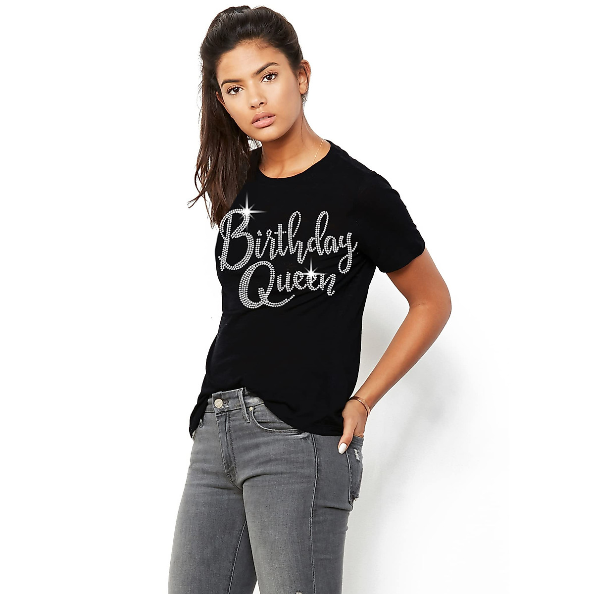 Birthday Tees for Women - Rhinestone Girly Birthday Queen T-Shirt - Birthday Party Shirts - X-Large - Black Tee(Queen RS) Blk/XL