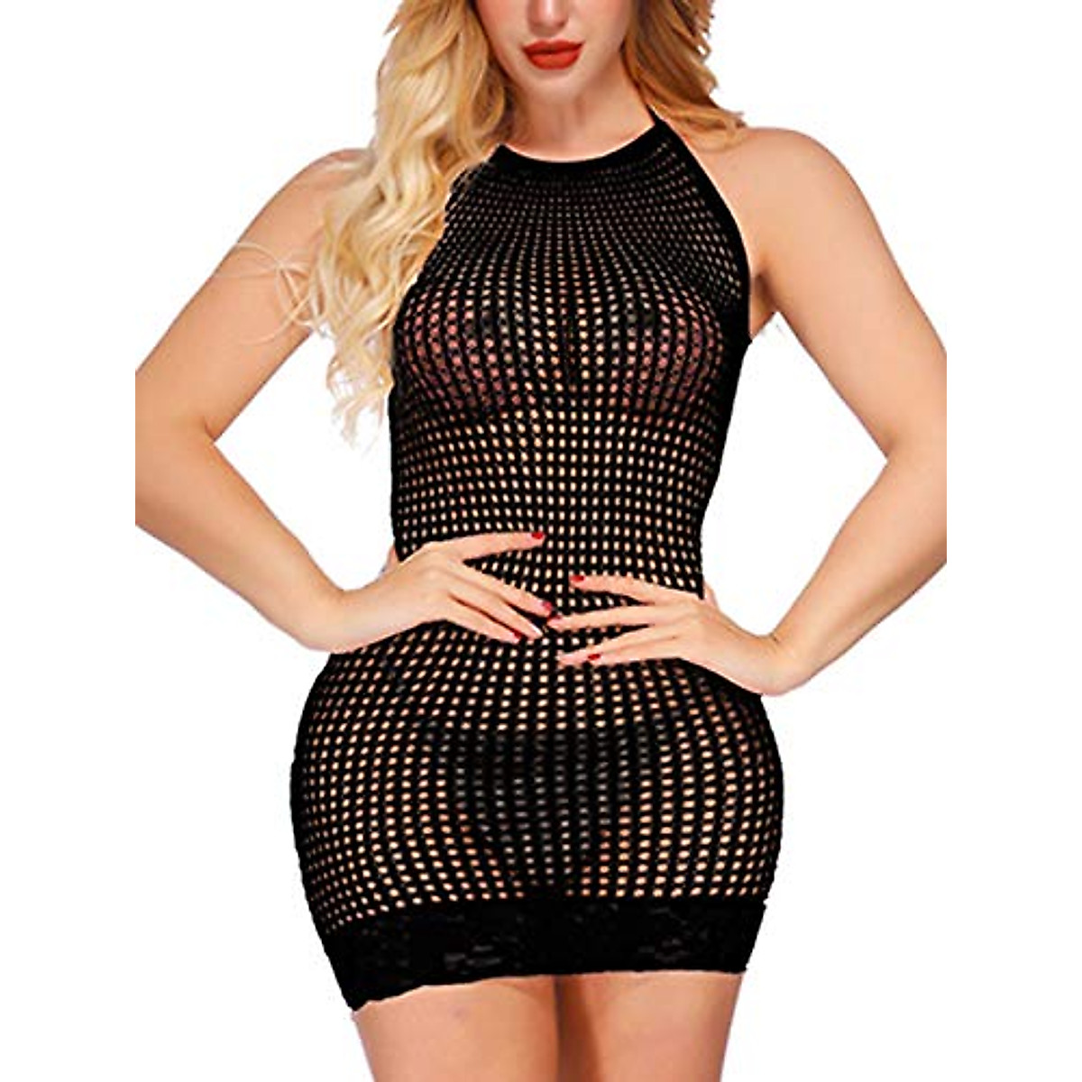 OGNEE Women's Sexy Lace Teddy Fishnet BobyStocking Lingerie Mesh Hole Strap Stretch Chemise Babydoll Bodysuit Mini Dress (black)