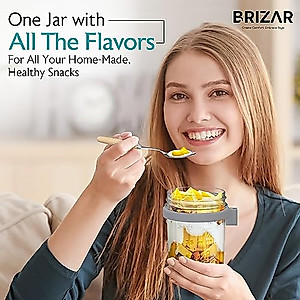 BRIZAR Overnight Oats Containers with Lids Glass - Airtight Overnight Oats Jars & Recipe Book - Overnight Oats Container for Food Storage, Oatmeal, Chia Pudding, Fruit, Yogurt - 2 Pack, 10 oz