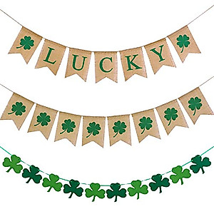 3 Pieces St. Patrick's Day Banner Shamrock Garland Lucky Banner Burlap Irish Garland Green Four Leaf Banner and Felt Shamrock Clover Banner Flags for Saint Patrick's Day Party Decor