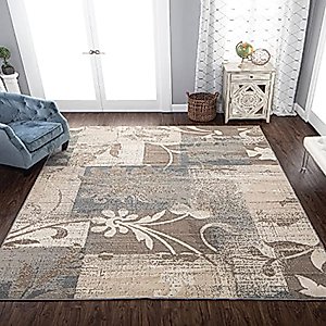 SUPERIOR Indoor Area Rug with Jute Backing, Perfect for Living Room, Hallway and Bedroom. Hardwood Floor Decoration Pastiche Contemporary Floral Patchwork Carpet, 8' X 10', Ivory