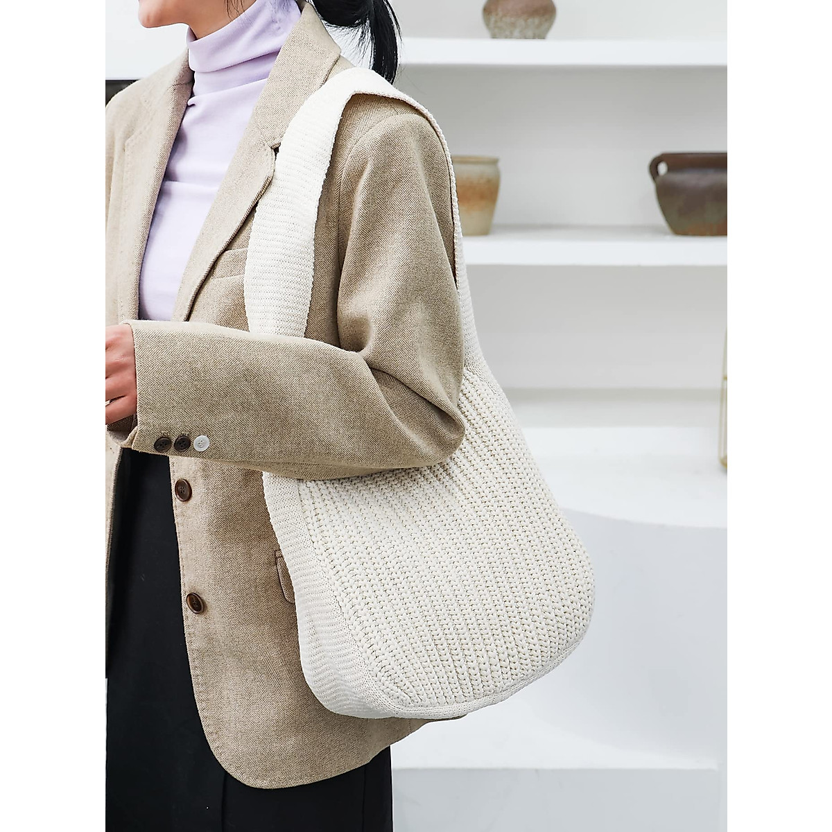 ENBEI Women's Shoulder Handbags Crocheted Bags Large knit bag Tote bag aesthetic for school cute Tote bags for women Christmas gifts (creamy-white)