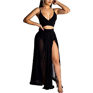 Rela Bota Women's Sexy Summer 2 Piece Maxi Chiffon Dress Crop Top Skirt Set Beachwear Black L