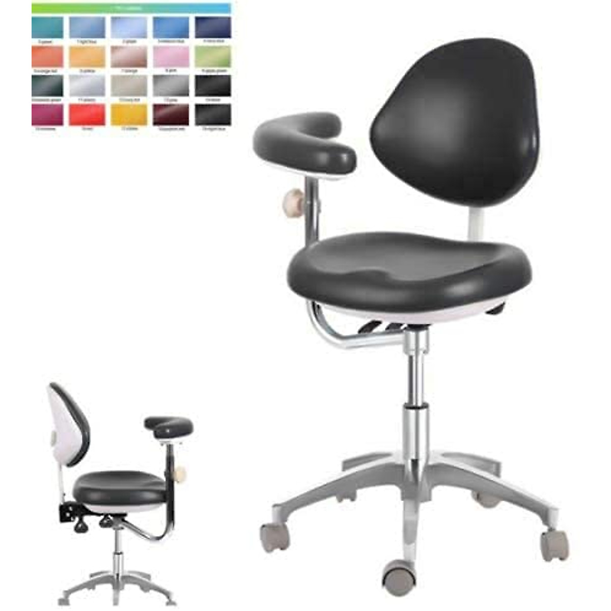 Dental Adjustable Doctor's Stool Assistant Chair+360 Degree Rotation Armrest PU Black #14
