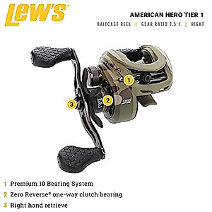 Lew's American Hero Tier 1 Casting Reel, 9+1 Stainless Steel Ball Bearings, 7.5:1 Gear Ratio, Right-Hand Retrieve, Multicam