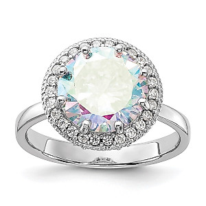925 Sterling Silver Rhodium Plated Clear and Iridescent CZ Cubic Zirconia Simulated Diamond Round Halo Ring Size 8 Jewelry for Women