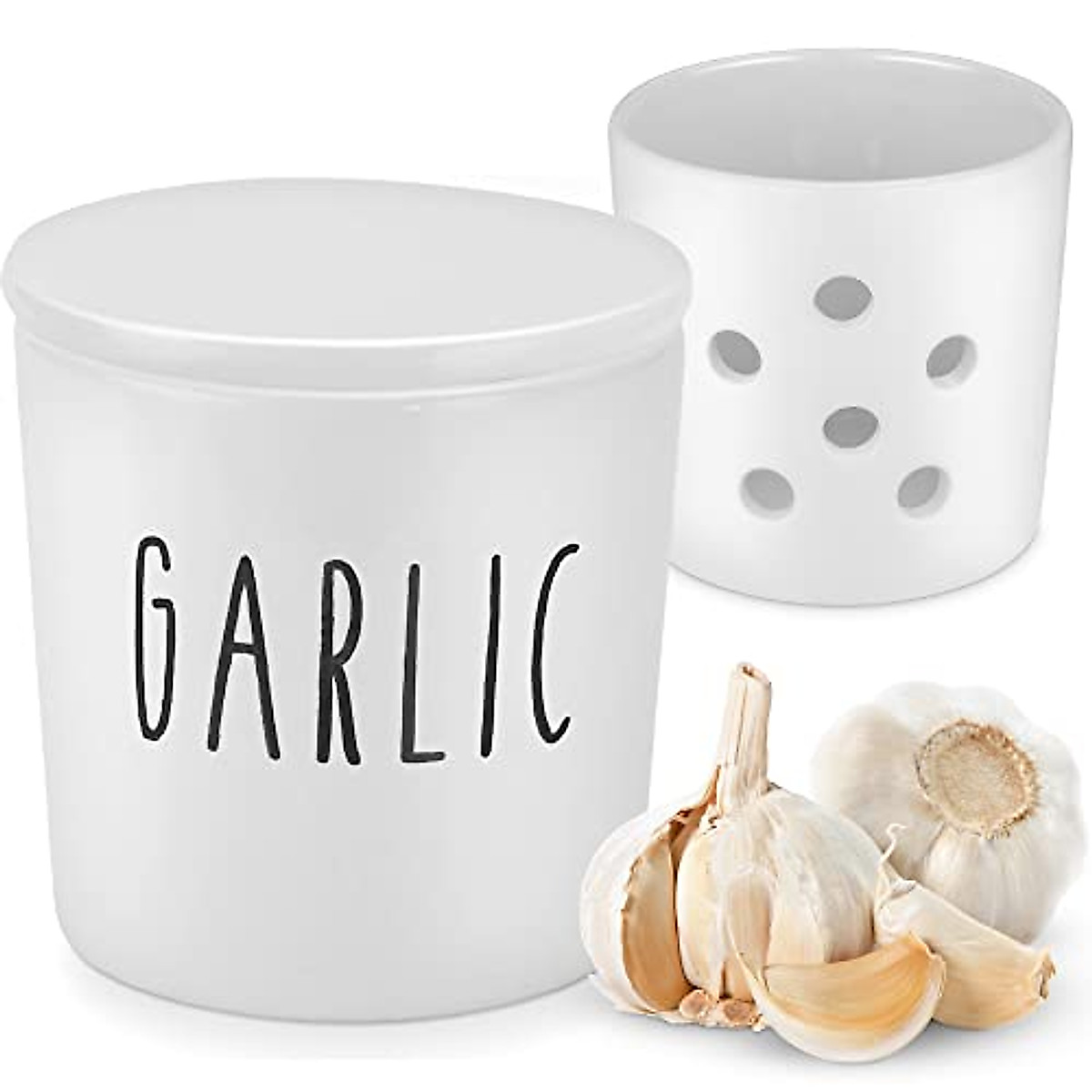 Large Garlic Keeper - Garlic Holder Storage - Round Ceramic Garlic Container Storage to Keep Your Garlic Cloves Fresh Longer - Classic White Vented Garlic Keeper for Counter - Garlic Saver for Kitchen