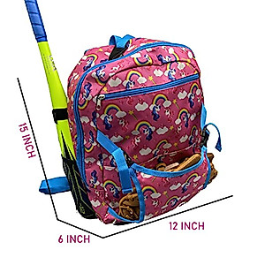 Aozora Youth Tball and Baseball Backpack Bag Lightweight Baseball Bag Hold Bats, Helmet, Glove, Caps, Valuables Pocket, Fence Hook (Unicorn Pink)