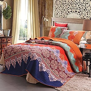 Exclusivo Mezcla Cotton Boho Twin Size Quilt Set, Soft Reversible Bohemian Bedspreads Lightweight Bedding Set Bed Cover for All Seasons, 2 Piece (1 Quilt, 1 Pillow sham)