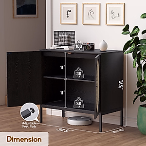 63" W Black Large Rattan Cabinet, Sideboard Buffet Cabinet with Natural Rattan Hand-Woven Doors, Accent Buffet Console Storage Credenza, for Living Room Hallway Kitchen, Metal Legs, Natural-2 Pieces