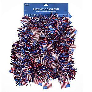 Patriotic Tri-Color Tinsel Garland w/Flag Accents: 9 feet