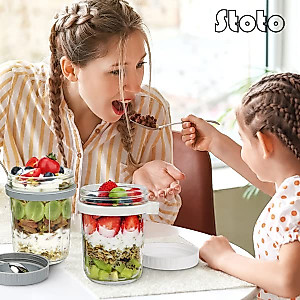 Stoto Overnight Oats Jars，Vegetable and fruit Salad Storage，Overnight Oats Container with Lid and Spoon (Grey)