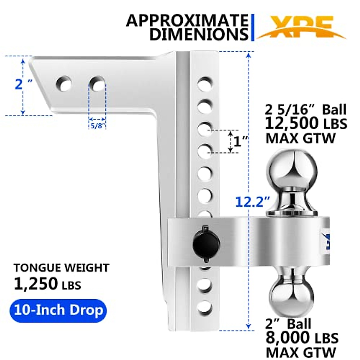 XPE Aluminum Adjustable Trailer Hitch Fits 2-inch Receiver, 10-inch Drop, Solid Tube Hitch -12,500 LBS, 2 and 2-5/16 inch Balls