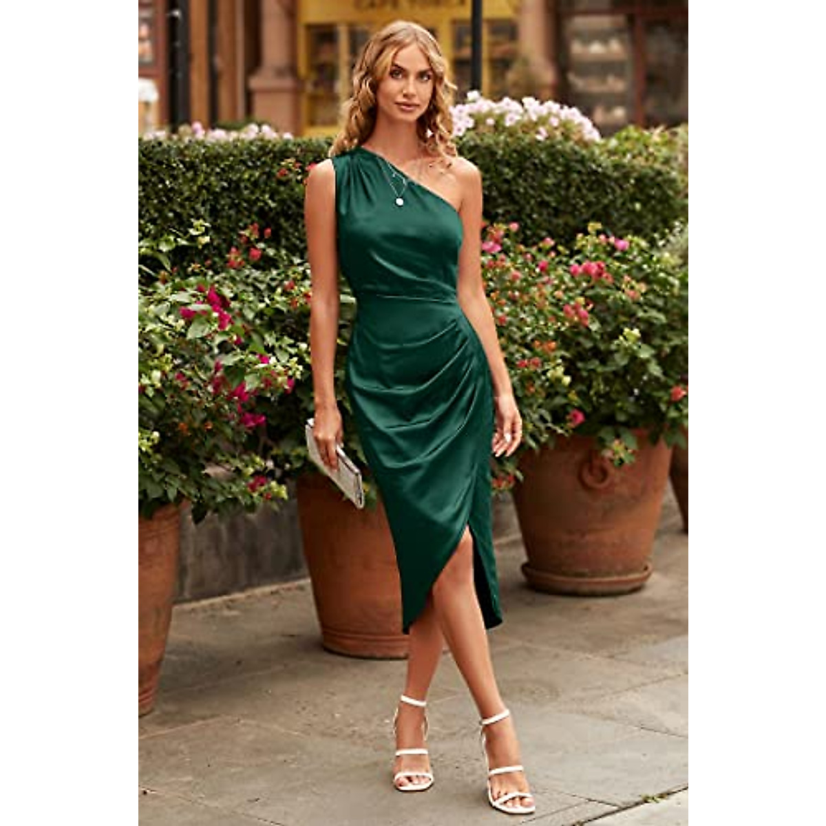 PRETTYGARDEN Women's Elegant Satin Midi Bodycon Dress 2023 Summer One Shoulder Ruched Wrap Cocktail Party Dresses (Dark Green,Large)