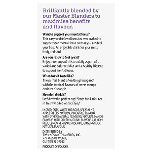 Twinings Focus Tea - Mango & Pineapple Flavoured Hibiscus Tea with Revitalizing Ginseng Root, Naturally Caffeine-Free Herbal Tea Bags Individually Wrapped, 18 Count