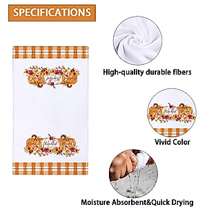 Buffalo Plaid Fall Pumpkin Autumn Flowers Kitchen Dish Towel 18 x 28 Inch Set of 2, Harvest Thanksgiving Holiday Tea Towels Dish Cloth for Cooking Baking