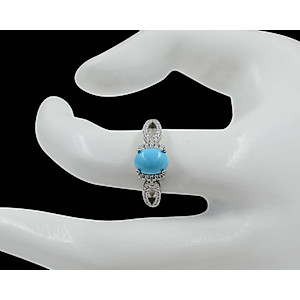 8X6 MM Oval Natural Blue Turquoise Cabochon 925 Sterling Silver December Birthstone Solitaire Unisex Proposal Ring Valentine Day Gift For Girlfriend Gift (Rhodium Plated Silver, 8)