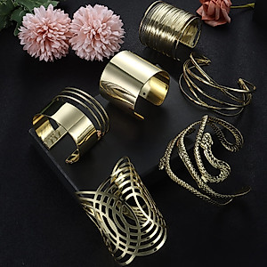 JeryWe 6 Pcs Upper Arm Cuff Jewelry for Women Armband Cuff Bangle Bracelet Set Adjustable Open Armlet Coil Wrap Bracelet Costume Jewelry Gold Silver Tone