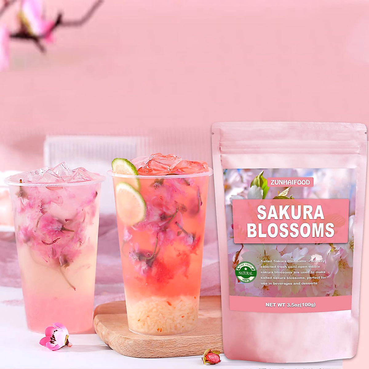 Edible Salted Sakura Blossoms, Premium Pickled Sakura Cherry Blossoms, 3.5oz(100g)
