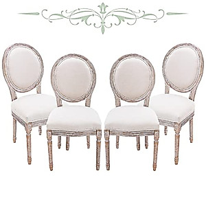 COLAMY French Country Dining Chairs Set of 4, Upholstered Farmhouse Dining Room Chairs with Round Back, Solid Wood Legs, Accent Side Chairs for Kitchen/Living Room/Bedroom- Light Beige
