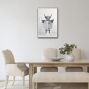 ENBIDAVI Funny Highland Cow Wall Decor Black and White Cow Reading Newspaper on Toilet Canvas Art Print For Bathroom Farmhouse Bedroom Unframed 12x18 Inches