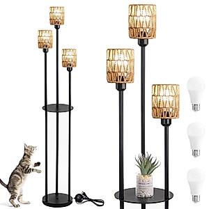 LEDIARY 65" Boho Floor Lamp for Living Room Rattan Floor Lamp with Shelves, 3 LED Bulbs Included Standing Lamp, Floor Lamp for Living Room, Bedroom, Office