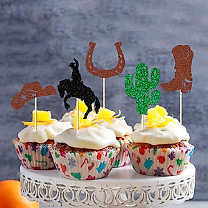 AROKIPPRY 24 PCS Cowboy Cupcake Toppers Glitter HorseShoe Cowboy Hats Boots Cupcake Picks Western Theme Baby Shower Birthday Party Cake Decorations Supplies (24 PCS)