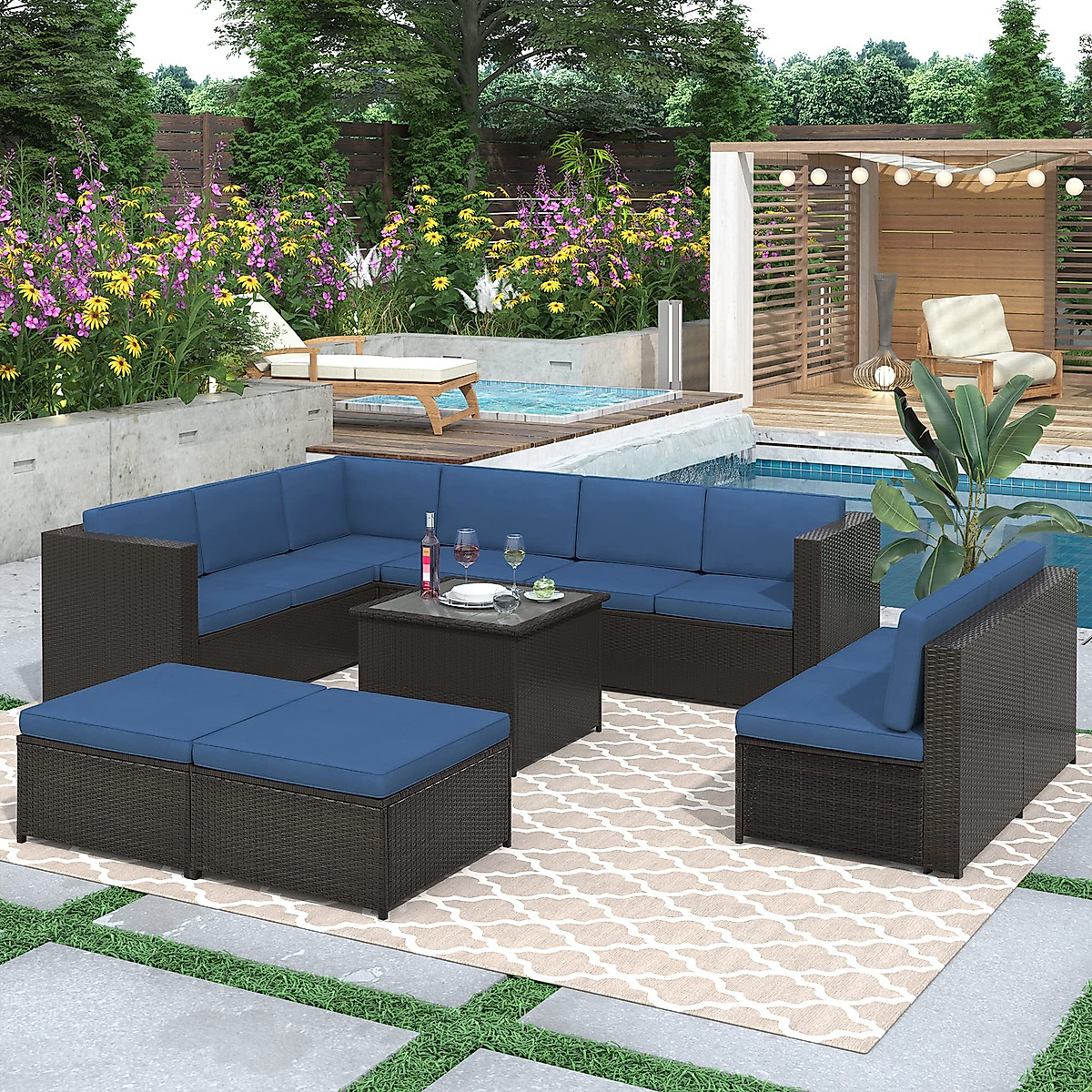 Merax 9-Piece Patio Furniture Set Outdoor Conversation PE Wicker Rattan Sectional Sofa, Coffee Table and Ottoman, Blue