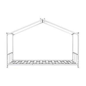 UOCFYK Twin Size Floor Bed with Roof Design for Kids, Girls, Boys,Montessori Floor Bedframe for Small Space,Easy Assembly & No Box Spring Needed, White