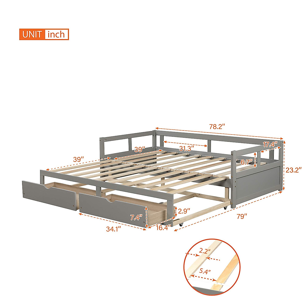 Twin to King Wooden Daybed with Twin Size Trundle Bed and Two Storage Drawers, Extendable Bed Frame, Sofa Bed for Bedroom Living Room, Grey