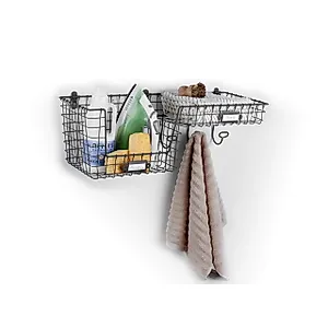 Spectrum Diversified Vintage Station, 2 Baskets with Label Plates for Entryway Storage, Sturdy Steel Hooks for Jackets, Leashes & Accessories, Rustic Farmhouse Decor, Large, Industrial Gray