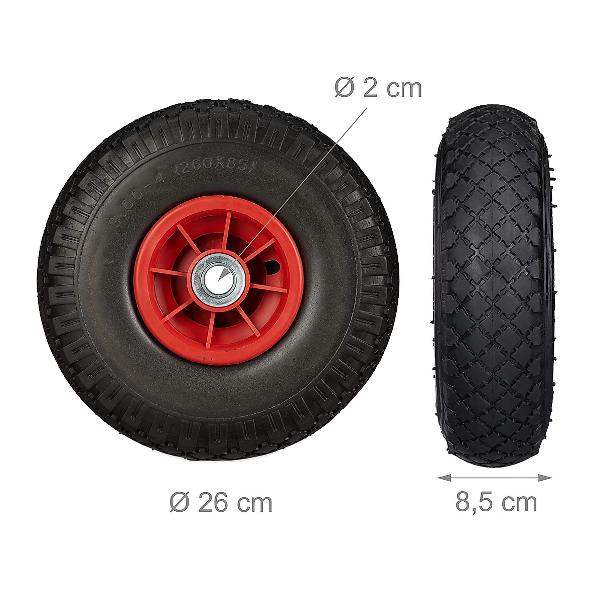 Relaxdays 10026068_261, Black-Red 2 x Hand Truck Tyre, Non-Flat Solid Rubber Wheels, 3.00-4”, 20mm Axle, 80 kg, 260 x 85 mm