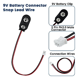SDTC Tech 3 Pack 9V Battery Snap to 2-Pin PH2.0 Connector Cable I Type Battery Clip Lead Wire (15cm)