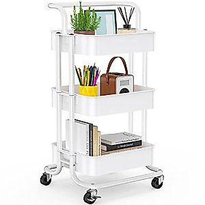 3 Tier Mesh Utility Cart, Rolling Metal Organization Cart with Handle and Lockable Wheels, Multifunctional Storage Shelves for Kitchen Living Room Office by Pipishell White