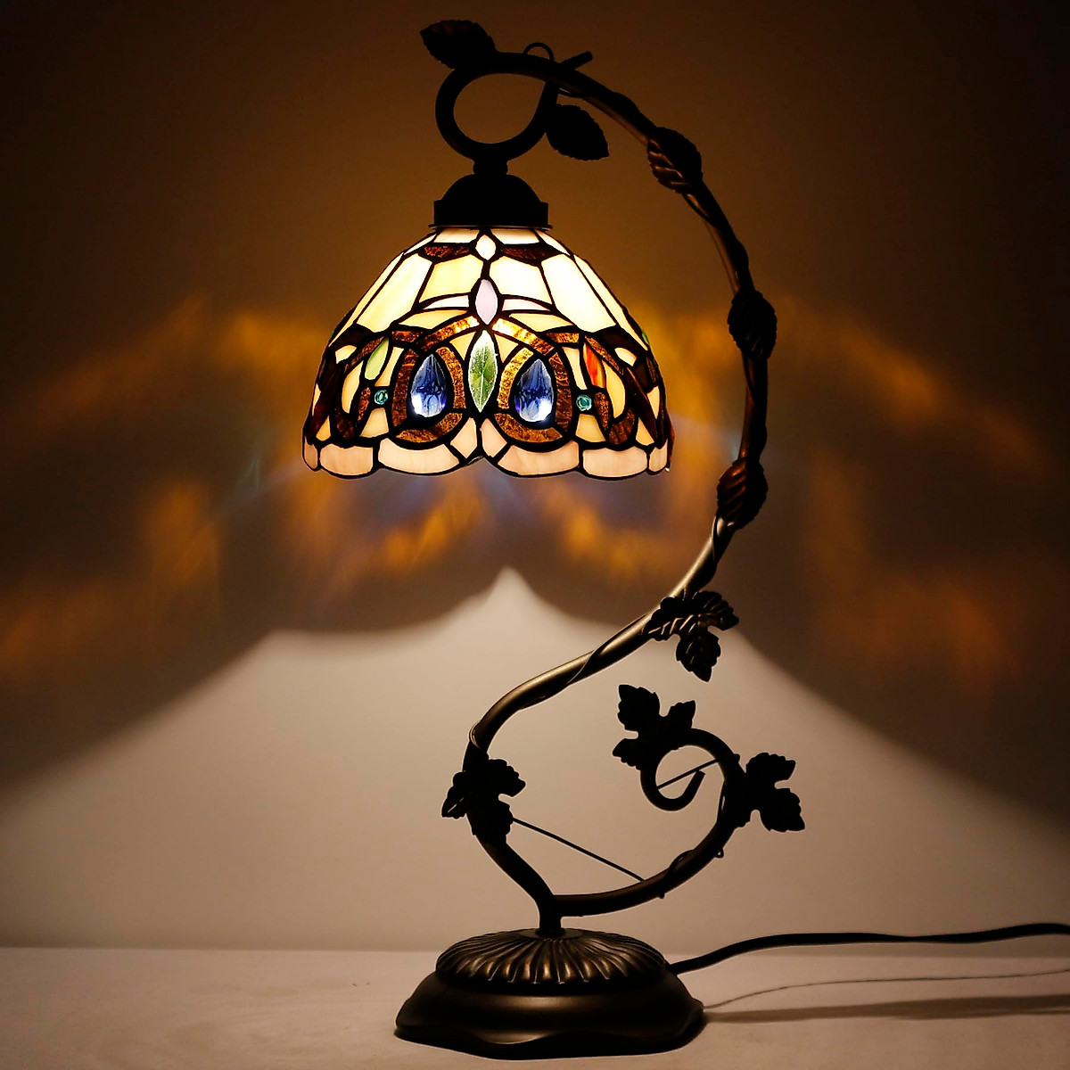 WERFACTORY Tiffany Table Lamp Stained Glass Victorian Table Lamp, Metal Leaf Base 8X10X21 Inches Desk Reading Light Decor Small Space Bedroom Home Office S021 Series