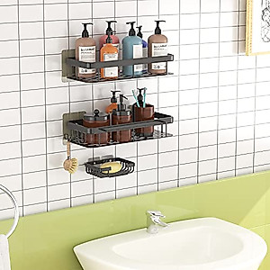 Bemodst 3-Pack Adhesive Shower Caddy, Shower Shelf, No Drilling Rustproof Stainless Steel Shower Organizer for Inside Shower & Kitchen Storage (Matte Black)