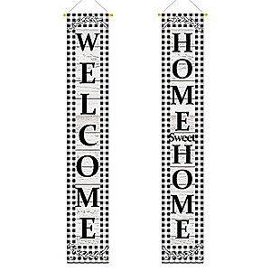 DUDOU Welcome Home Sweet Home Porch Sign Black White Buffalo Plaid Check Hanging Door Banner Farmhouse Outdoor Holiday Decoration